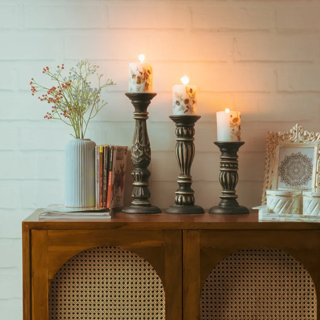 Wooden Candle Stand In Black Eclipse Design | Threadvibe Living