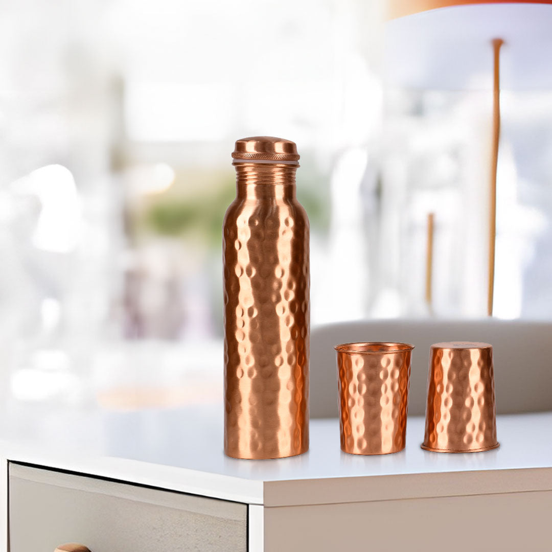 Hammered Style Copper Water Bottle with Two Glasses for Kitchen Decor ...