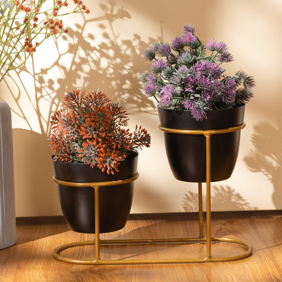 Stylish Black Metal Pots with Double Golden Stand | ThreadVibe Living