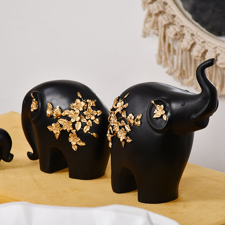 Black Golden Elephant Family Statue Figurine Showpiece Sclupture